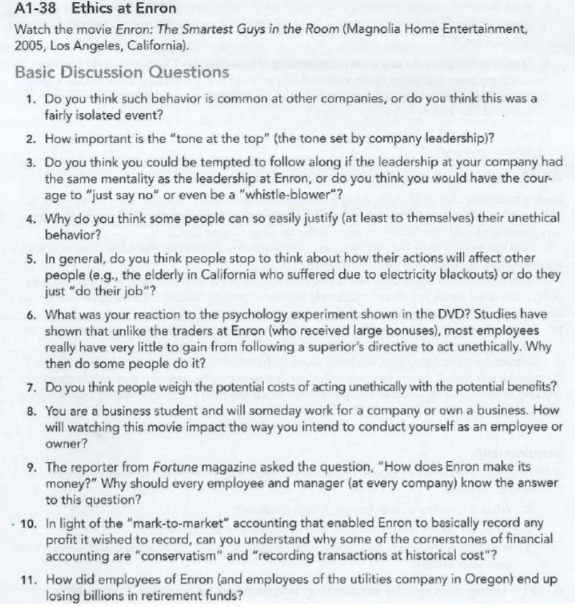 Solved A1-38 Ethics at Enron Watch the movie Enron: The | Chegg.com