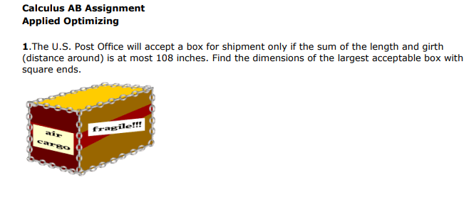 Solved Calculus Ab Assignment Applied Optimizing 1the Us