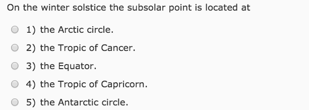 Solved On the winter solstice the subsolar point is located | Chegg.com