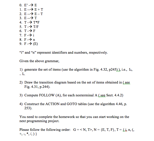 Solved 0. E->E 1, E-→ E + T "i" and "n” represent | Chegg.com
