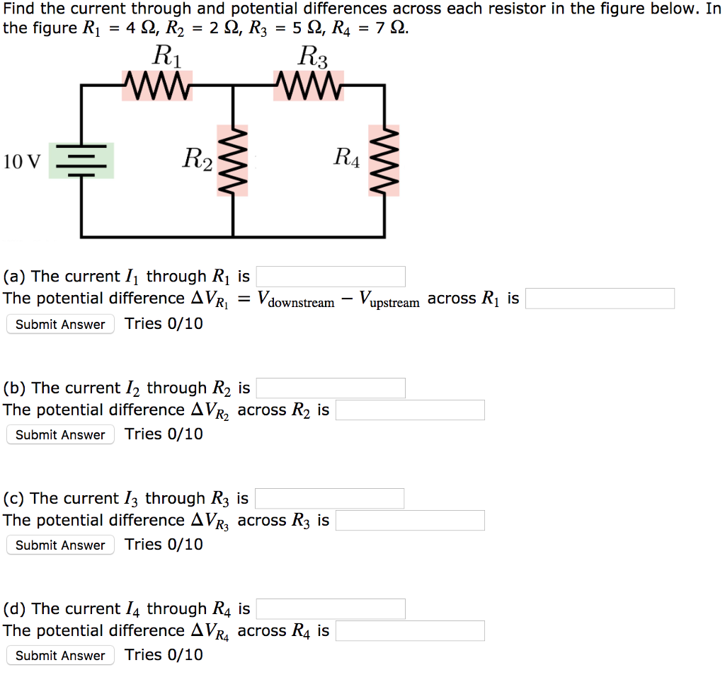 Solved Find the current through and potential differences | Chegg.com
