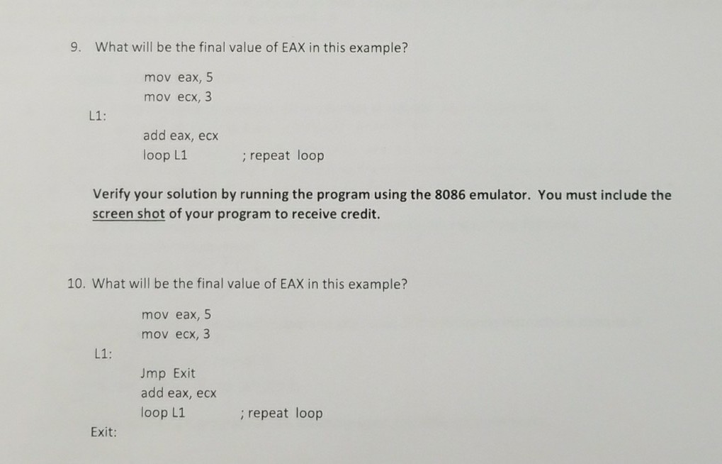 Solved 9. What will be the final value of EAX in this | Chegg.com