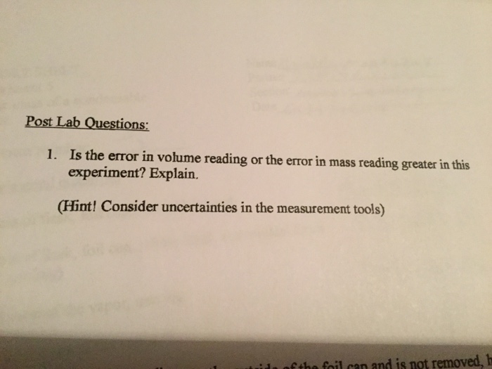 Solved Is the error in volume reading or the error in mass | Chegg.com