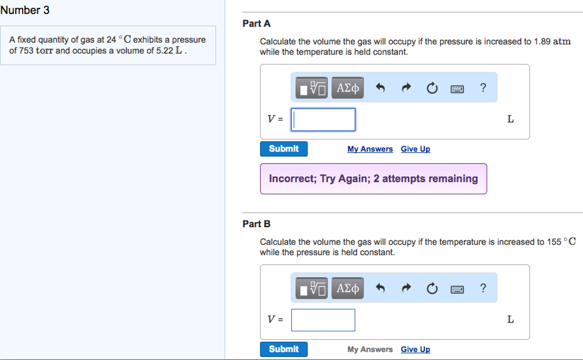 Solved A fixed quantity of gas at 24 ?C exhibits a pressure | Chegg.com