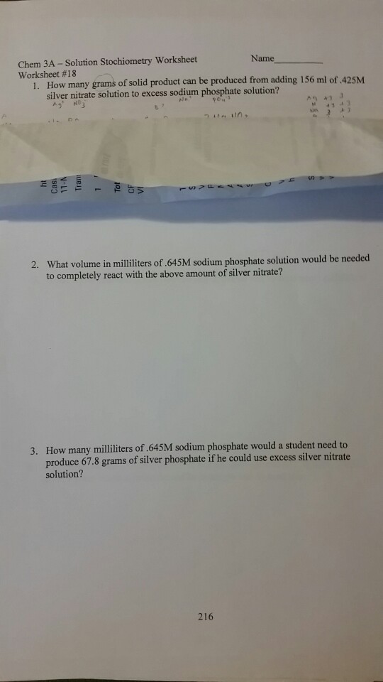 Solved Chem 3A -Solution Stochiometry Worksheet Worksheet | Chegg.com