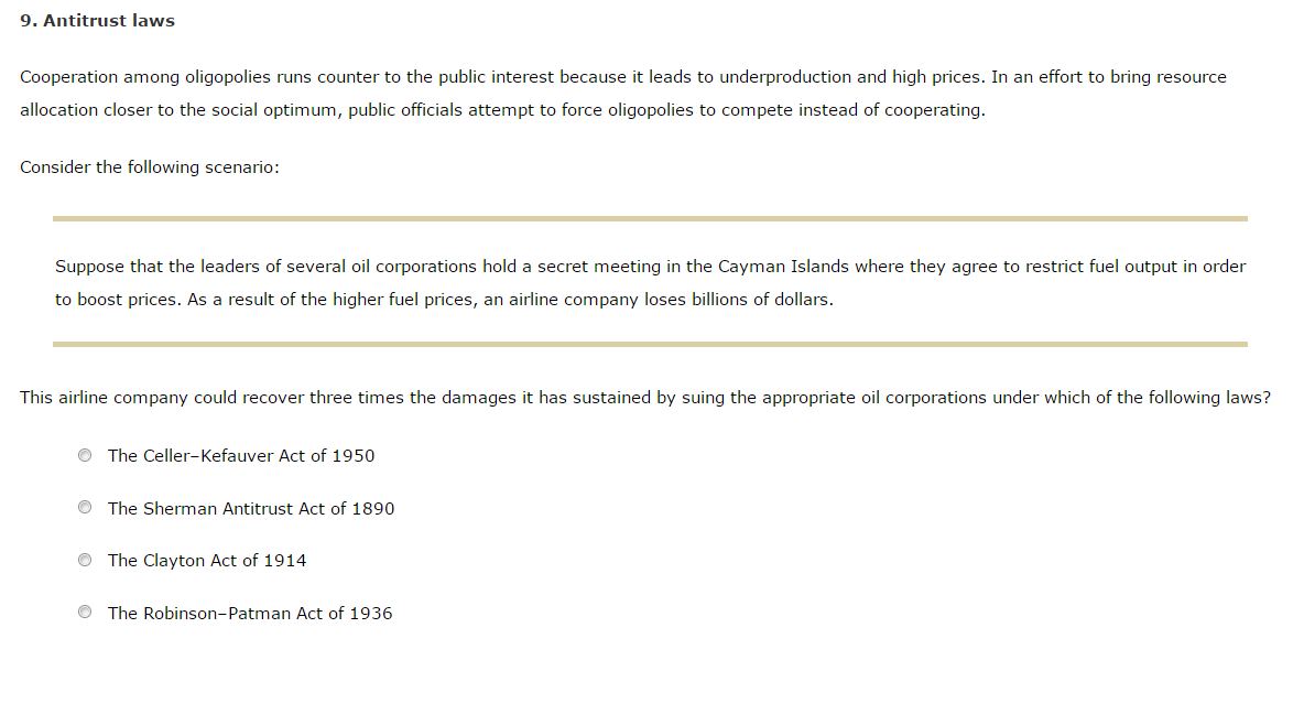 Solved 9. Antitrust laws Cooperation among oligopolies runs | Chegg.com