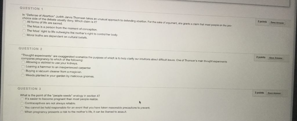 Solved In "Defense of Abortion" Judith Jarvis Thomson takes | Chegg.com