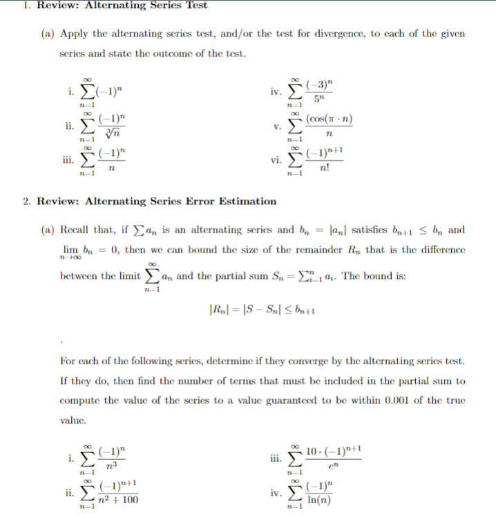 Solved 1. Review: Alternating Series Test (a) Apply the | Chegg.com