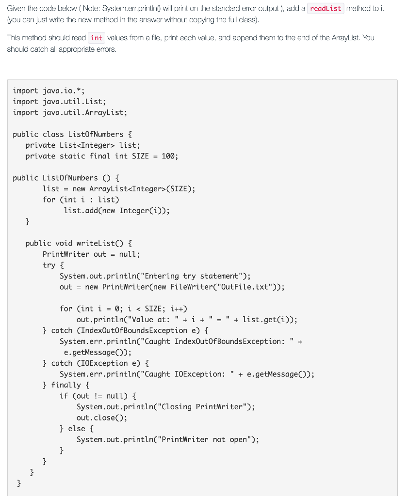 Solved Given the code below add a readlist method to it (you | Chegg.com