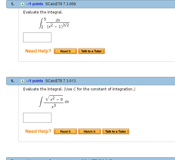 Solved 5. -1 points SCalcET8 7.3.009. Evaluate the integral | Chegg.com