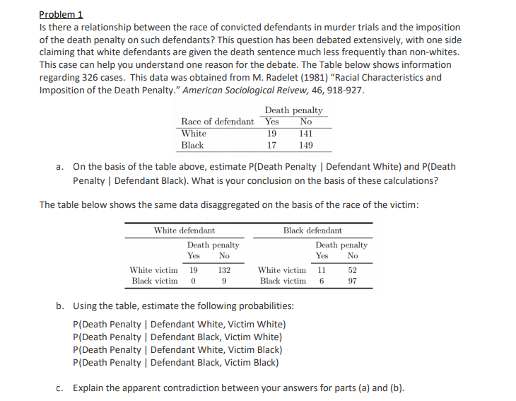 Solved Problem 1 Is there a relationship between the race of | Chegg.com
