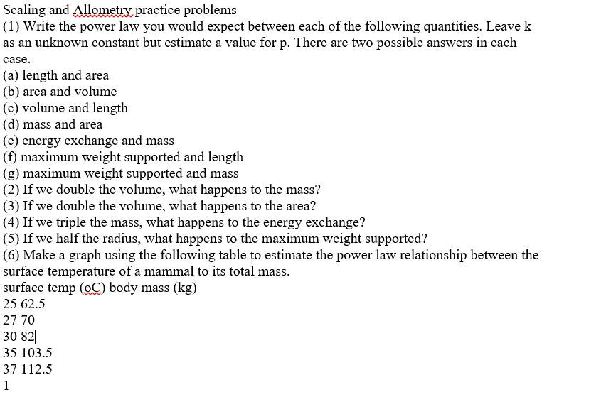 Solved Scaling and Allometry practice problems (1) Write the | Chegg.com