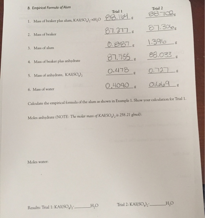 Solved B. Empirical Formula of Alum Trial 2 Trial 1 1. Mass | Chegg.com