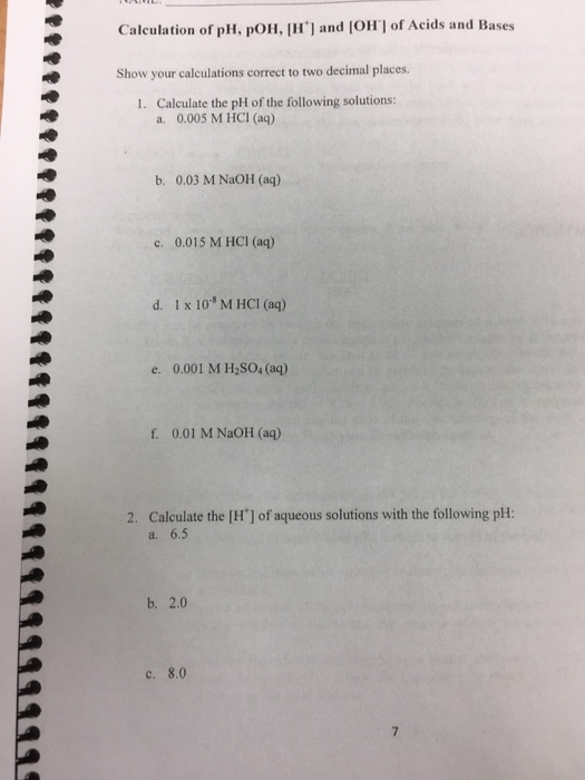 Solved Calculation of pH, pOH, [H^+] of Acids and Bases | Chegg.com