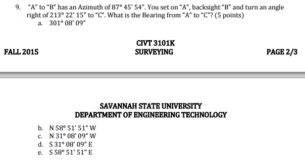 Solved 9. ''A'' to ''B'' has an Azimuth of 87 degree 45' | Chegg.com