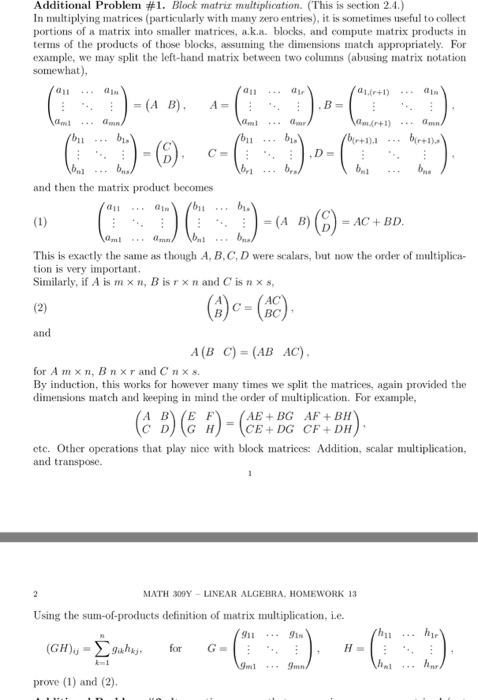 Solved Additional Problern #1. Block matnr multiplication. | Chegg.com