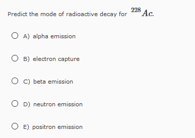 Solved Predict the mode of radioactive decay for 228 Ac. A) | Chegg.com