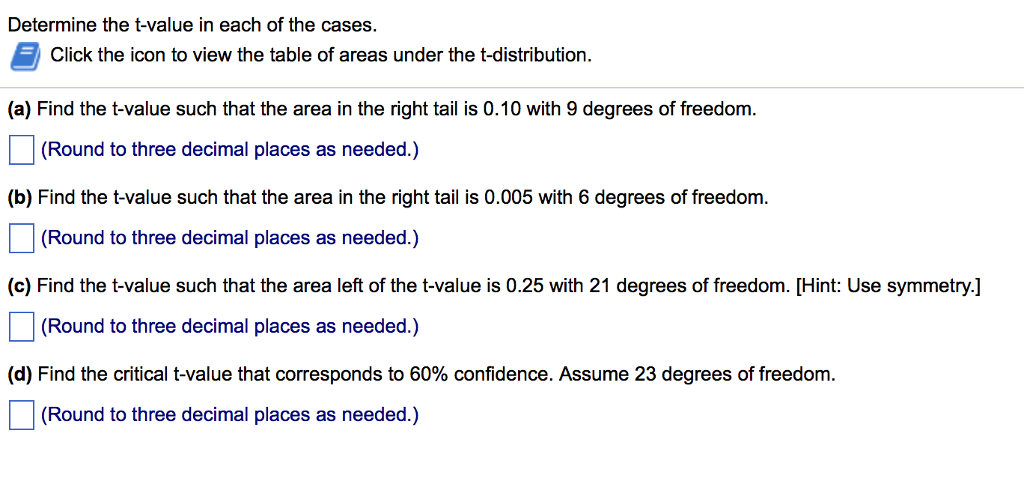 Solved Determine the t-value in each of the cases. Click the | Chegg.com
