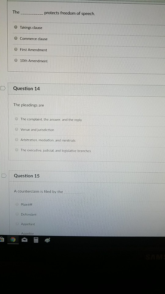 Solved The protects freedom of speech. O Takings clause | Chegg.com