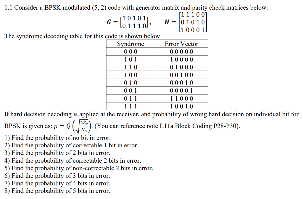 1.1 Consider a BPSK modulated (5, 2) code with | Chegg.com