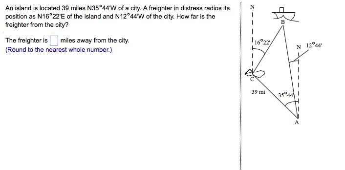 Solved An island is located 39 miles N35 degree 44'W of a | Chegg.com