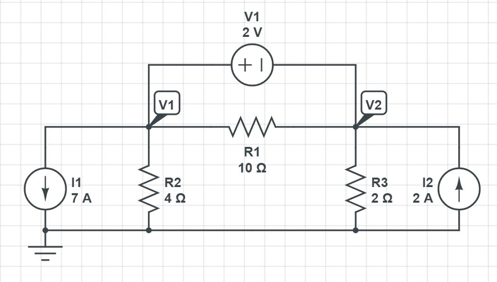 Solved V1 2 V V1 V2 R1 10 Ω R2 4Ω R3 2.0 2A 12 7 A | Chegg.com