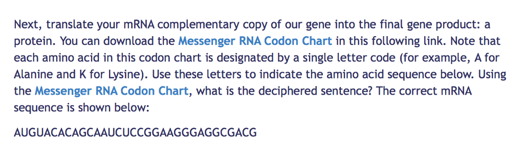 Solved Next, translate your mRNA complementary copy of our | Chegg.com