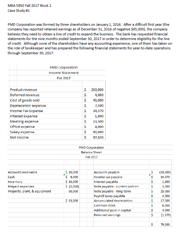 MBA 5850 Fall 2017 Block 2 Case Study #1 PMD | Chegg.com