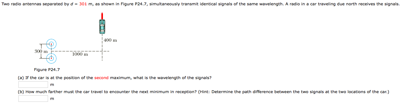 Solved Two radio antennas separated by d = 301 m, as shown | Chegg.com