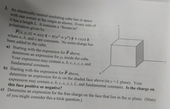 Solved 2. An electrically neutral insulating cube lies in | Chegg.com