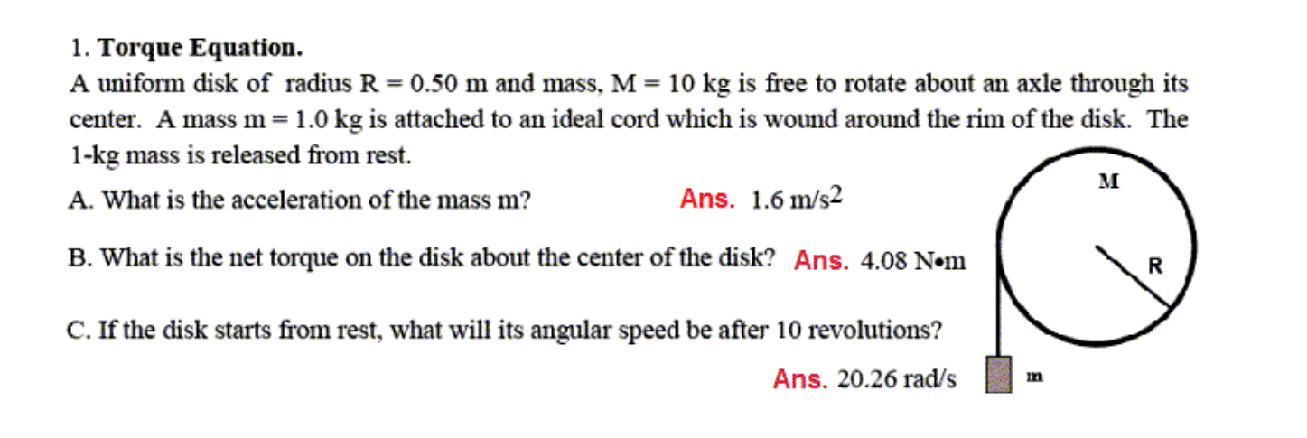 Solved A uniform disk of radius R = 0.50 m and mass. M = 10 | Chegg.com