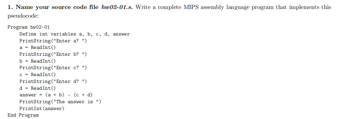 Solved Name your source code file hw02-01.s. Write a | Chegg.com