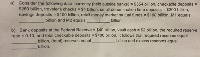 Solved Consider the following data: currency (held outside | Chegg.com