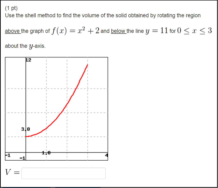 Solved (1 pt) Use the shell method to find the volume of the | Chegg.com