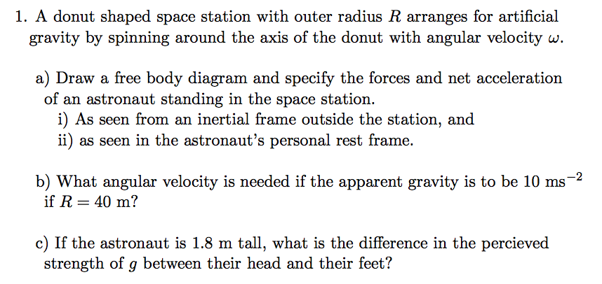 Solved 1. A donut shaped space station with outer radius R | Chegg.com