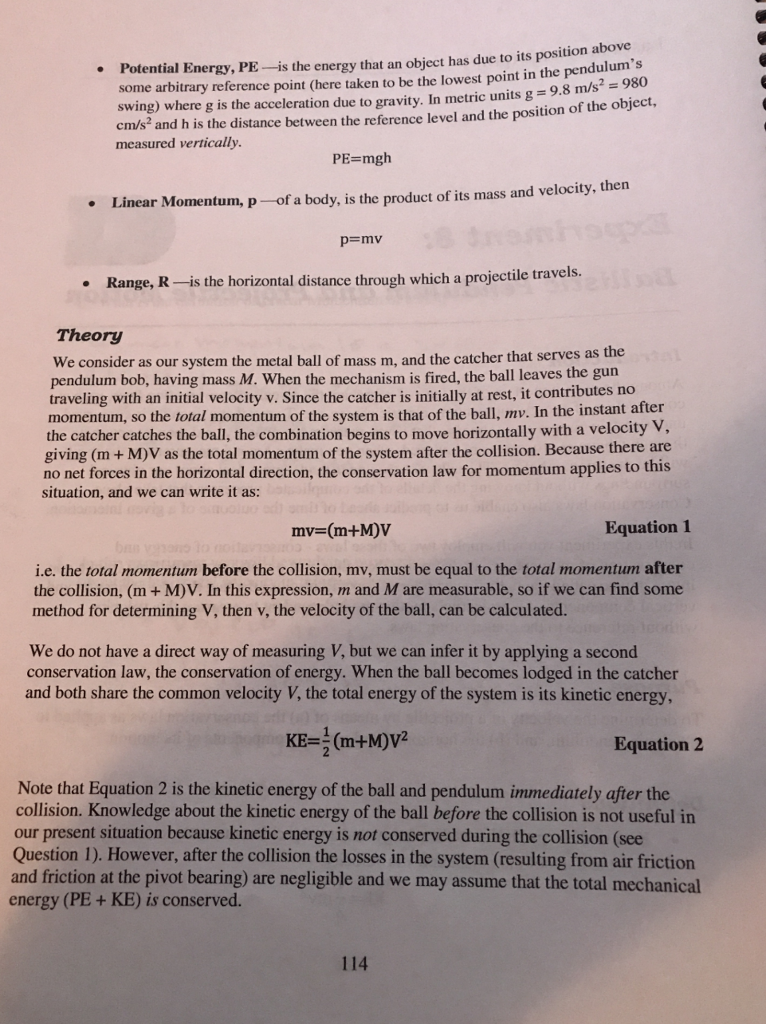 Solved Ballistic Pendulum and Projectile Mot Pre-lab 1. In | Chegg.com