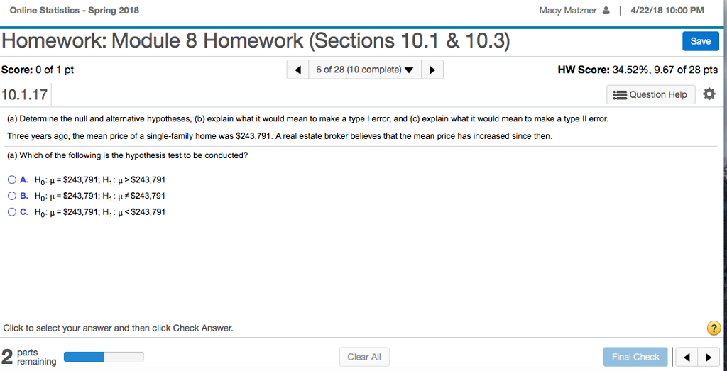 Solved Online Statistics Spring 2018 Homework Module 8