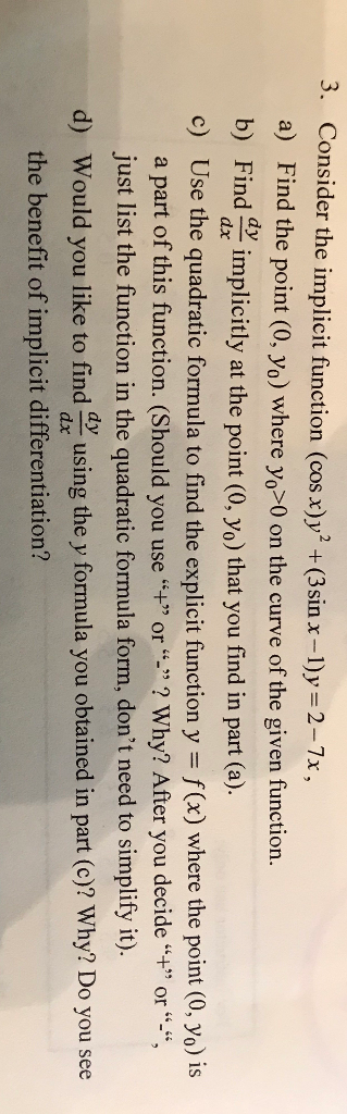 Solved Consider the implicit function (cos x)y2+(3sin x-1)y | Chegg.com