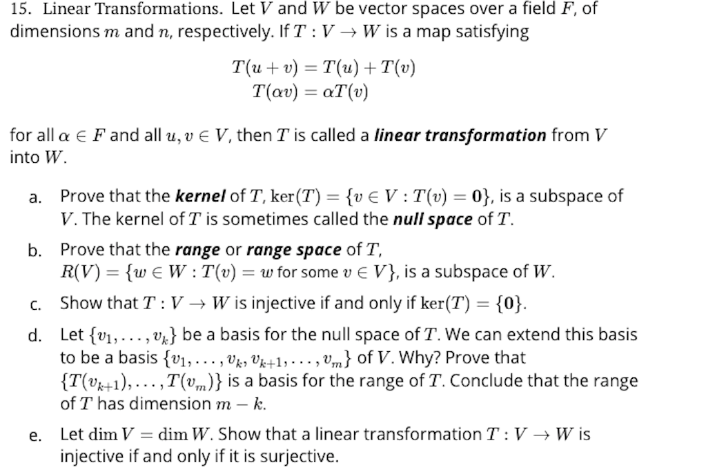 Solved 15. Linear Transformations. Let V and W be vector | Chegg.com