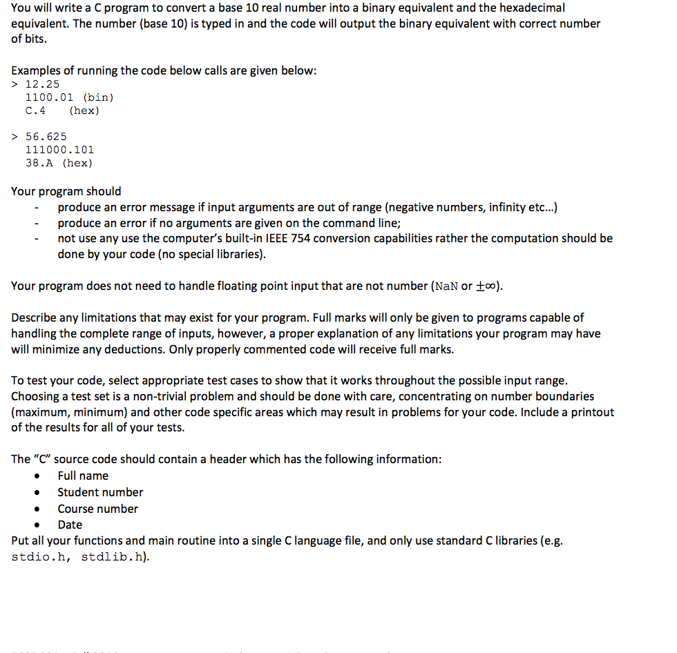 Solved You will write a C program to convert a base 10 real | Chegg.com