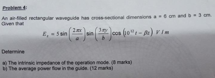 Solved An air-filled rectangular waveguide has | Chegg.com