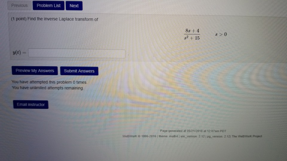 Solved Previous Problem List Next (1 point) Find the inverse | Chegg.com