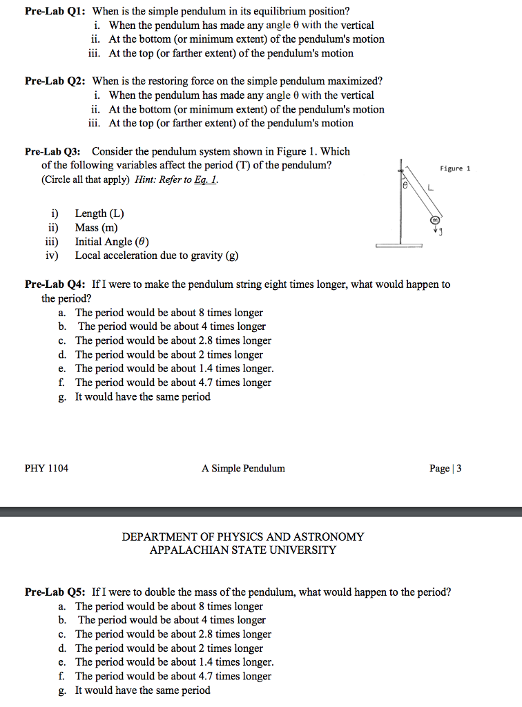 Solved Pre-Lab Q1: When is the simple pendulum in its | Chegg.com