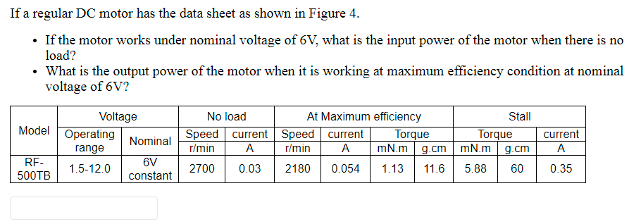 Solved If a regular DC motor has the data sheet as shown in | Chegg.com