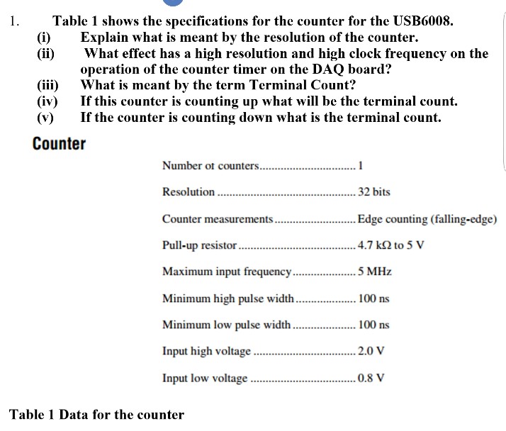 Solved Table 1 shows the specifications for the counter for | Chegg.com