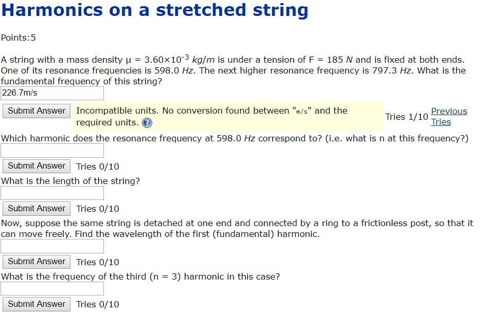 Solved Harmonics on a stretched string Points:5 A string | Chegg.com