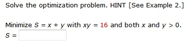 Solved Solve the optimization problem. HINT [See Example 2.] | Chegg.com