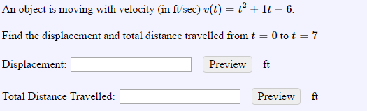 Solved An object is moving with velocity (in ft/sec) v(t) = | Chegg.com