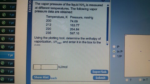 Solved The vapor pressure of tfie liquid NH3 is measured A | Chegg.com