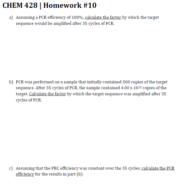 Solved Chem 428 Homework 10 A Assuming A Pcr Efficiency